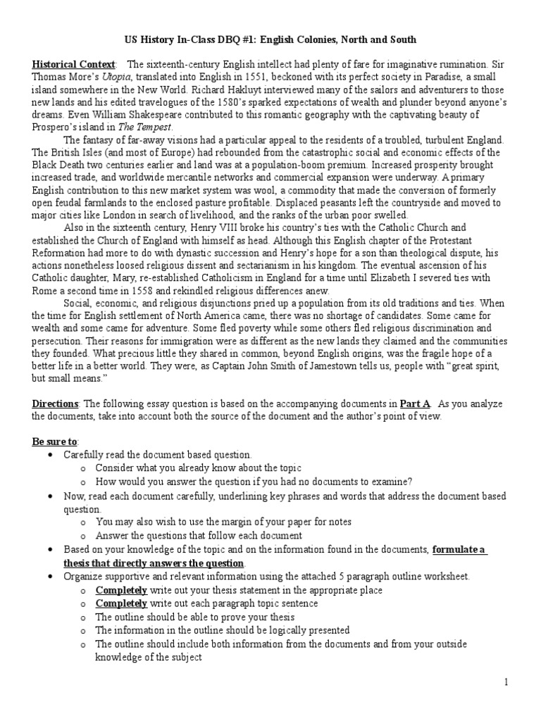 Us DBQ 01-English Colonies North and South | PDF | England ...