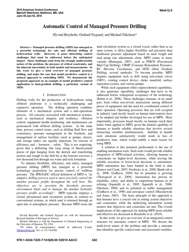 Automatic Control of Managed Pressure Drilling | PDF | Oil Well | Pump