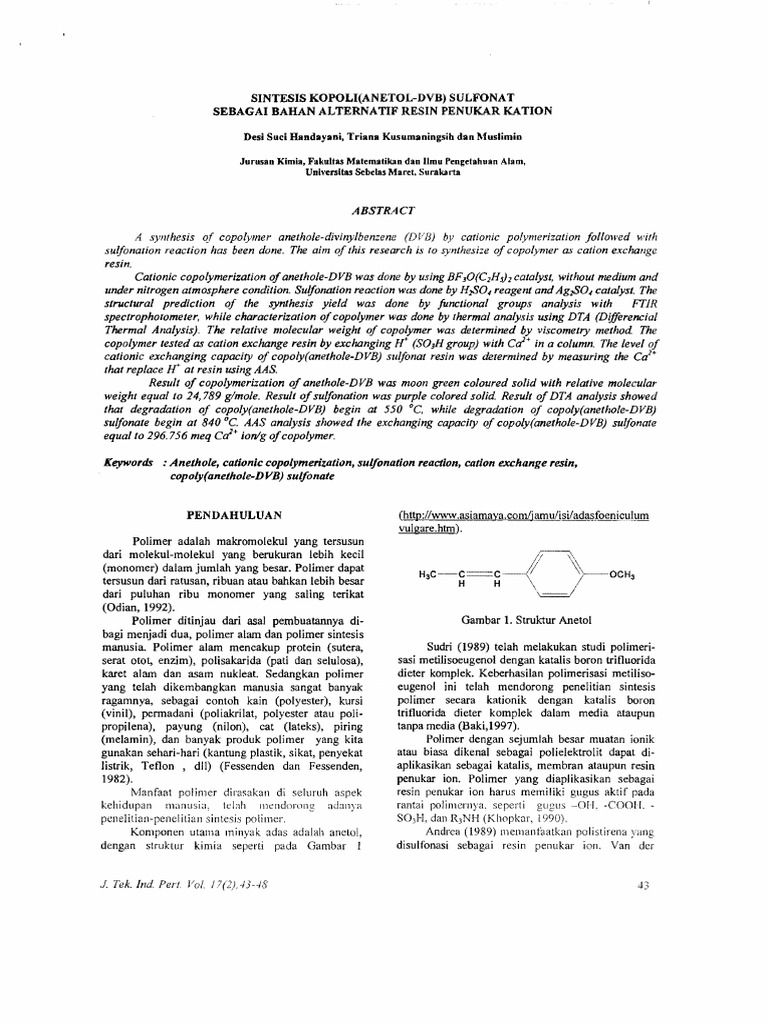 Synthesis of Anethole-DVB Sulfonate Resin | PDF