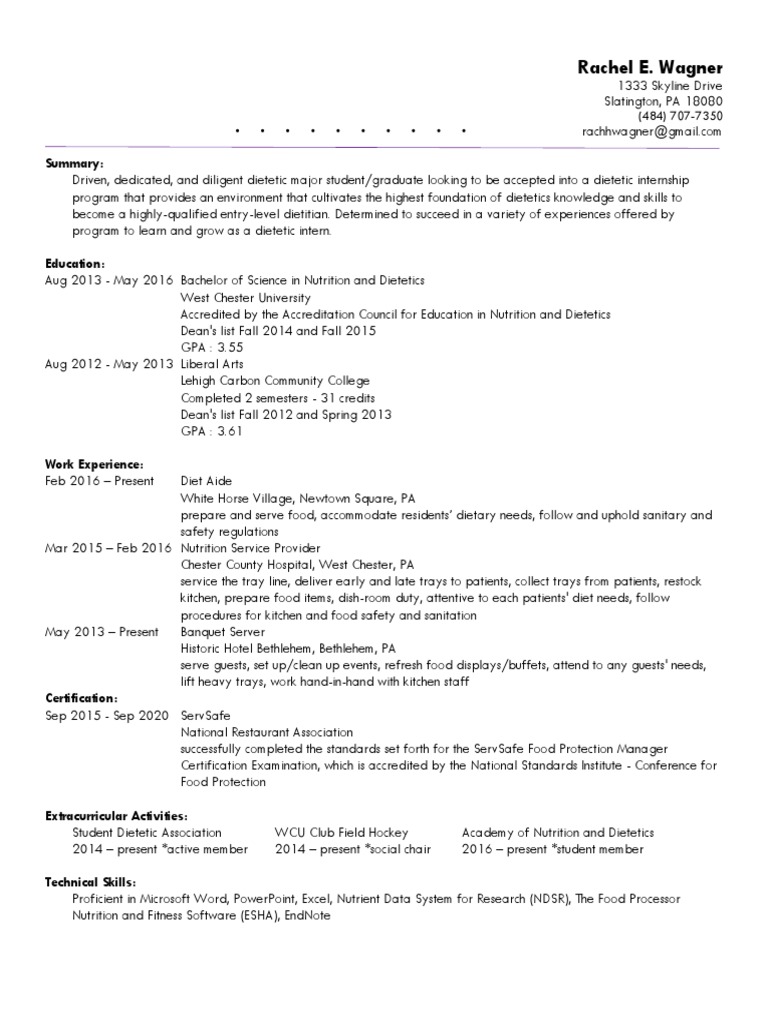 Dietetic Intern Resume of Rachel Wagner | PDF | Career & Growth | Wellness