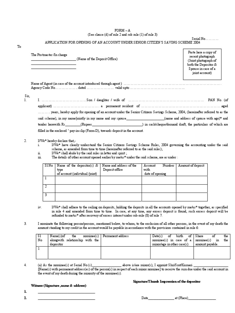 Application for Opening an Account Under the Senior Citizens' Savings ...