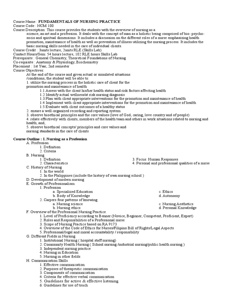 Fundamentals of Nursing Syllabus | Nursing | Grief