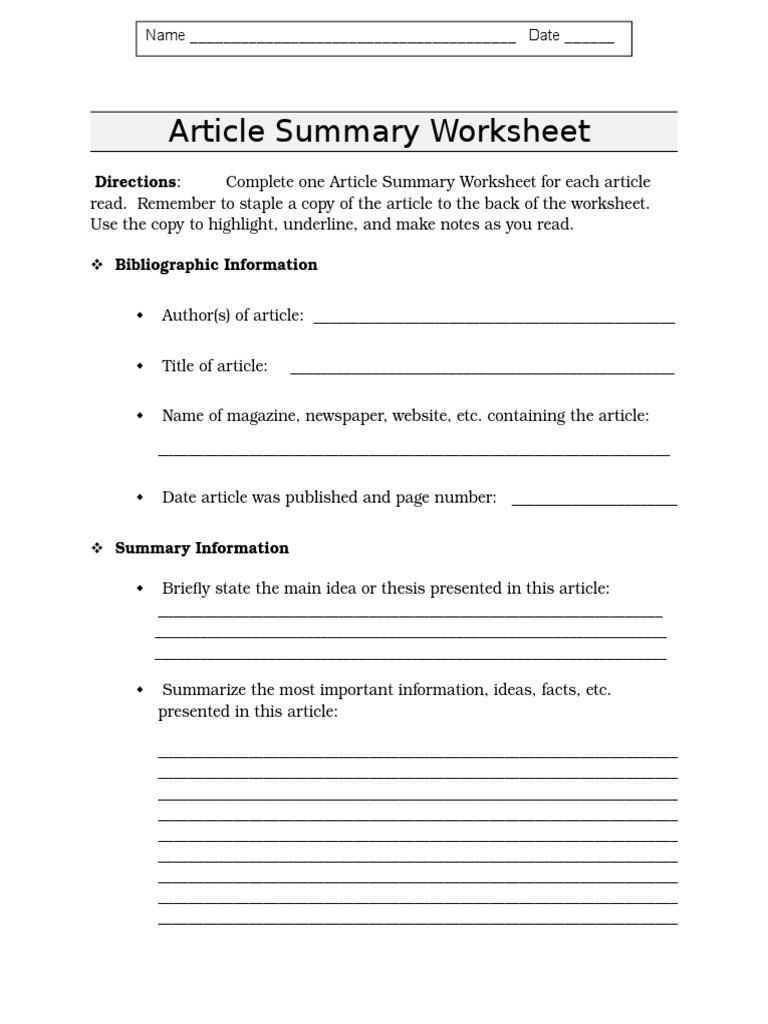 Article Summary Worksheet | PDF | Technology & Engineering