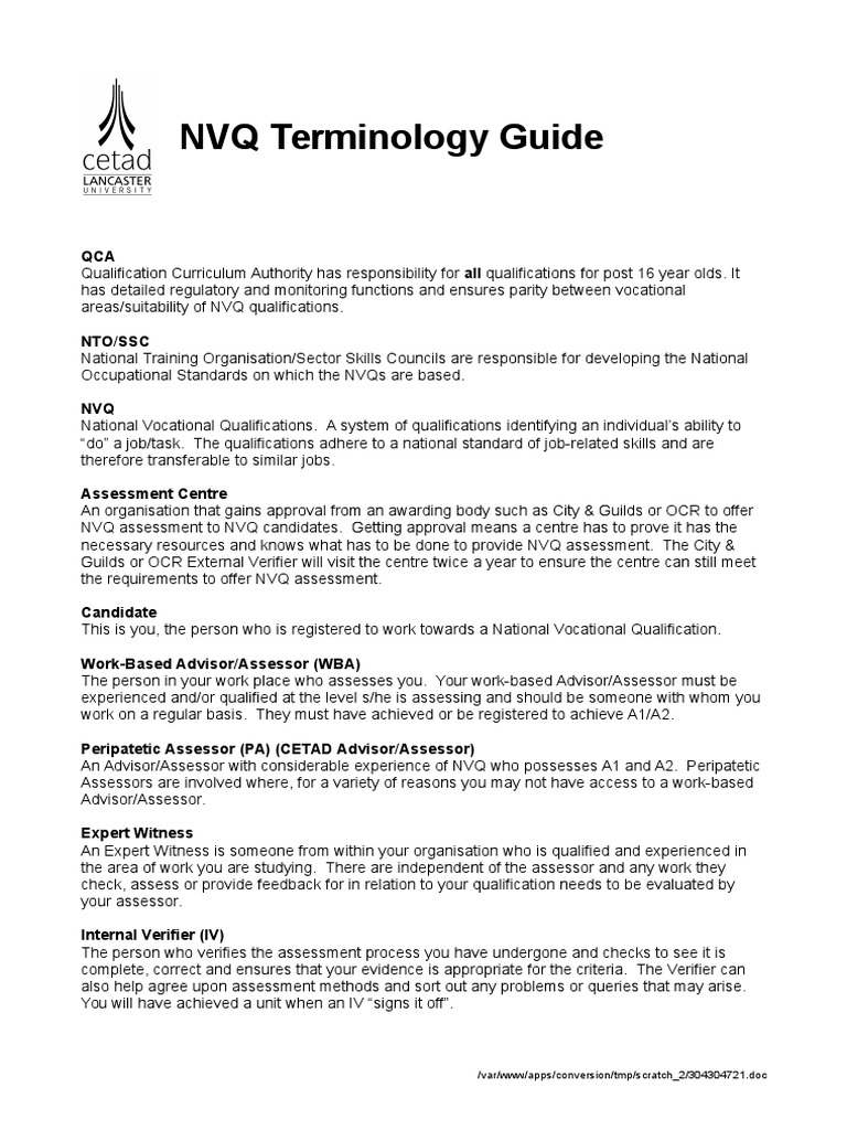 NVQ Terminology Guide | PDF | Educational Assessment | Competence ...