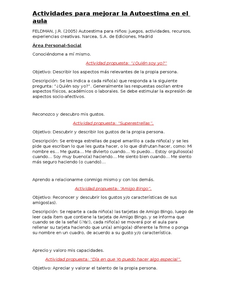 Actividades para Mejorar la Autoestima Infantil | PDF | Autoestima ...
