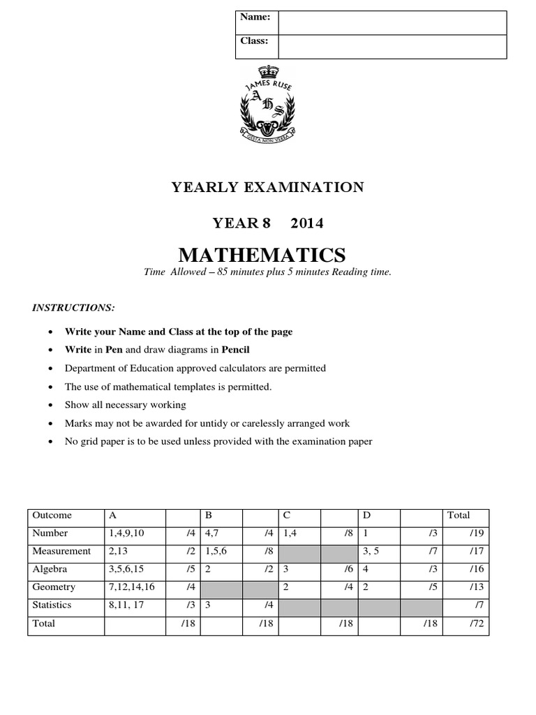 Year 8 Yearly 2014 Baulko | PDF | Triangle | Mean