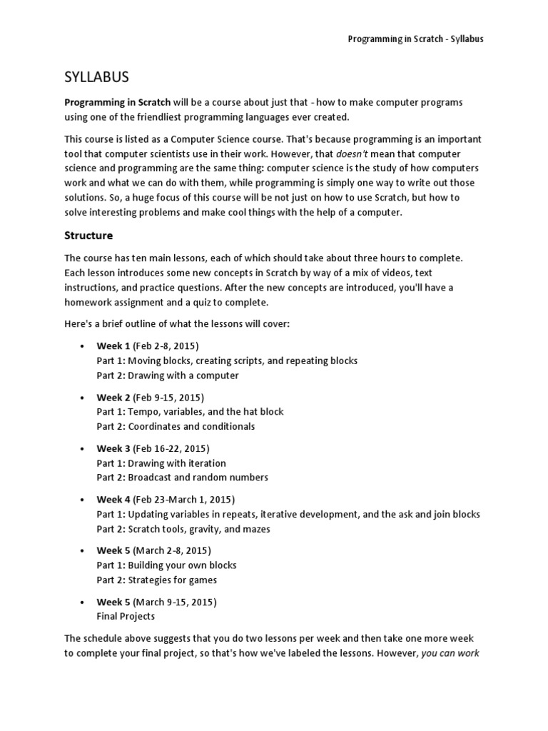 Syllabus Scratch Pdf Scratch Programming Language Homework 5620