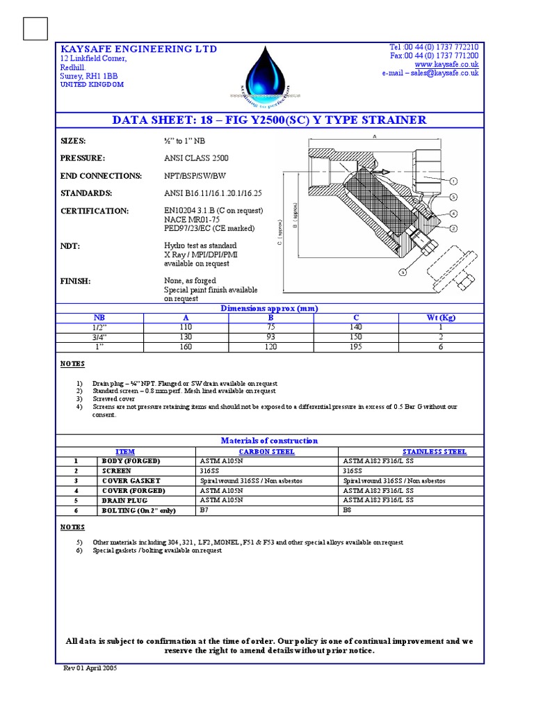 Data Sheet 18 - Fig Y2500 (SC) y Type Strainer | PDF | Technology & Engineering