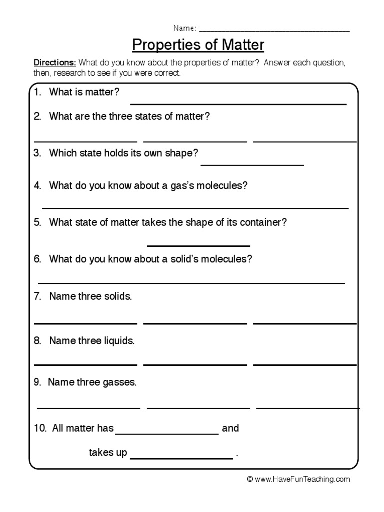 Properties of Matter Worksheet 1 | PDF | Career & Growth | Science ...