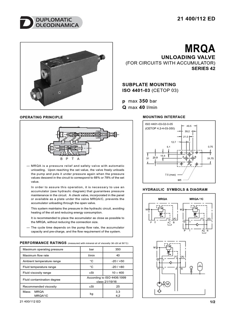 Accumulator Unloading Valve, Type MRQA | PDF | Valve | Viscosity