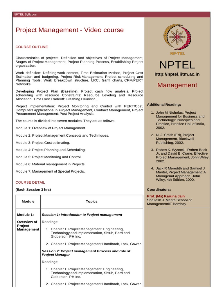 NPTEL Project Management Syllabus | PDF | Scheduling (Production ...