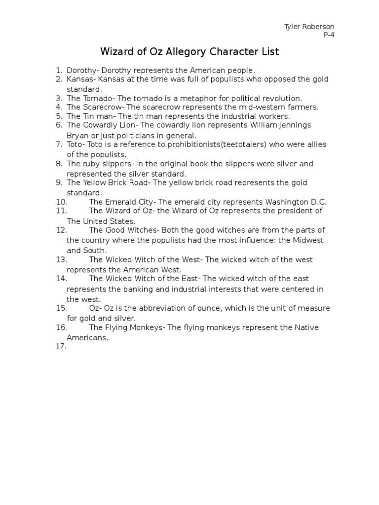 Wizard of Oz Allegory Character List | PDF | The Wonderful Wizard Of Oz ...