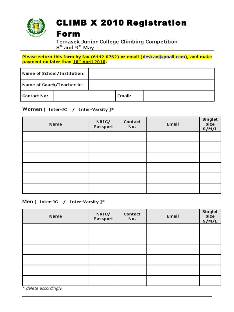 CLIMB X 2010 Registration Form | PDF
