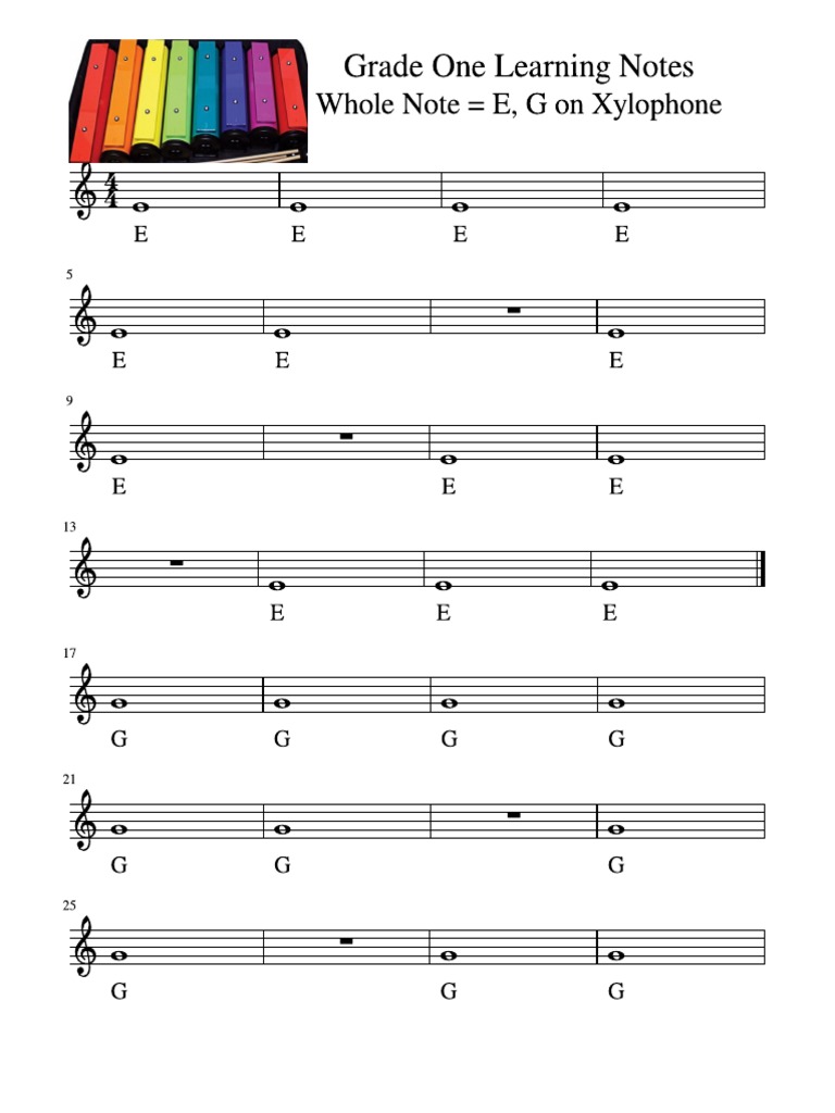 Grade One Learning Notes Whole Notes E, G On Xylophone | PDF