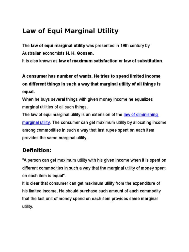Law of Equi Marginal Utility | PDF | Utility | Marginal Utility