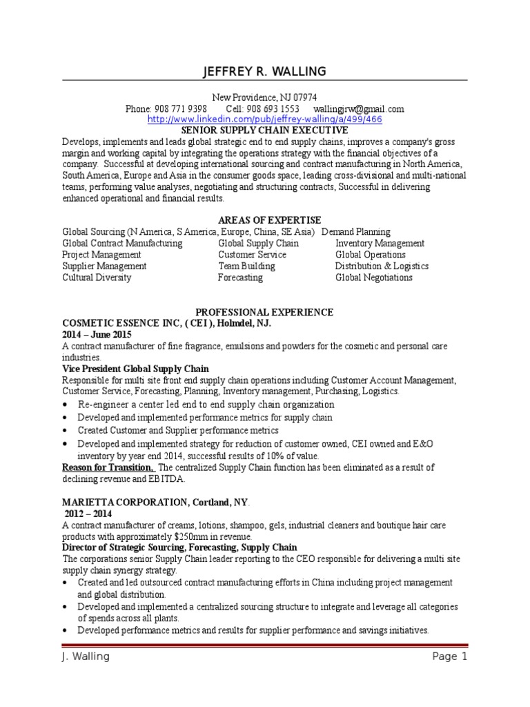 Vice President Supply Chain in NYC New Jersey Resume Jeffrey Walling ... Vice President Supply Chain in NYC New Jersey Resume Jeffrey Walling ...