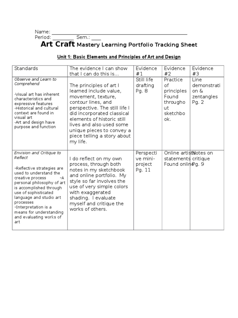 Art Craft: Mastery Learning Portfolio Tracking Sheet | PDF | Design ...