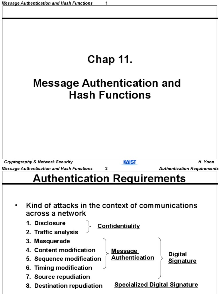 Chap 11. Message Authentication and Hash Functions | PDF | Cryptography | Encryption