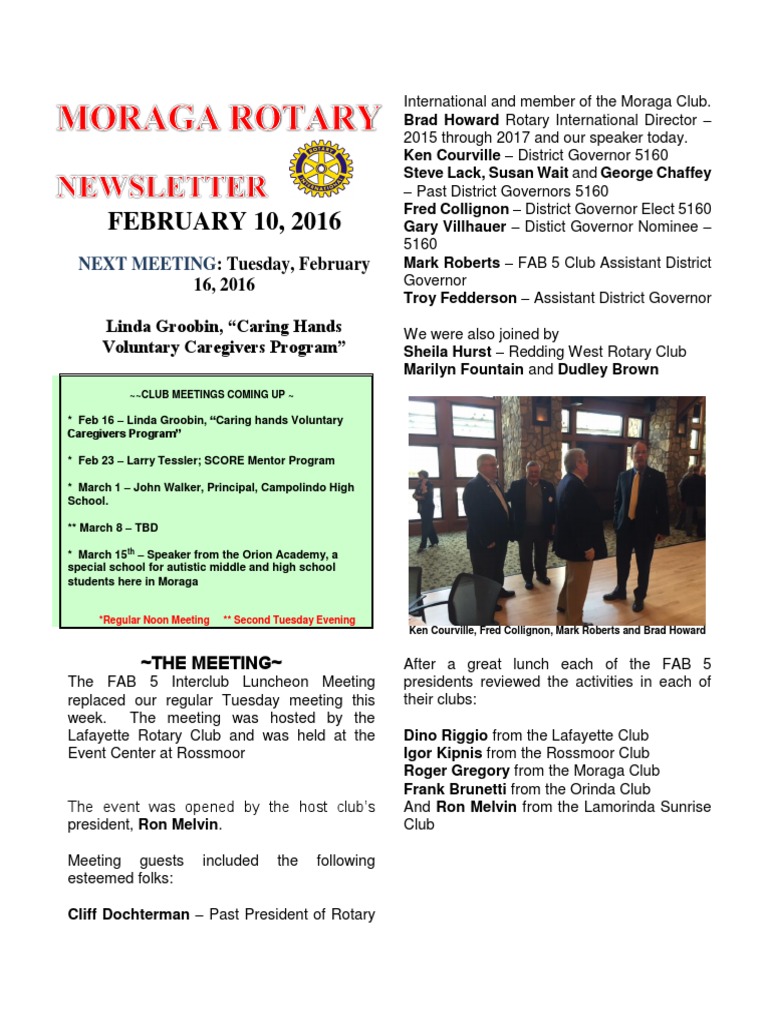 Moraga Rotary Newsletter Feb 10, 2016 | PDF | Clubs And Societies ...