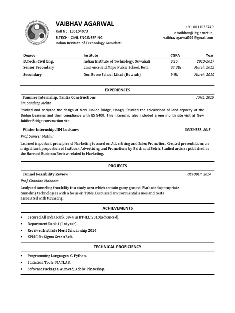 IIT Guwahati Civil Engineering Resume | PDF | Teaching Mathematics ...