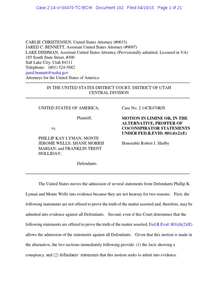 #102 Motion in Limine or in Alternative Proffer of Conconspirator ...