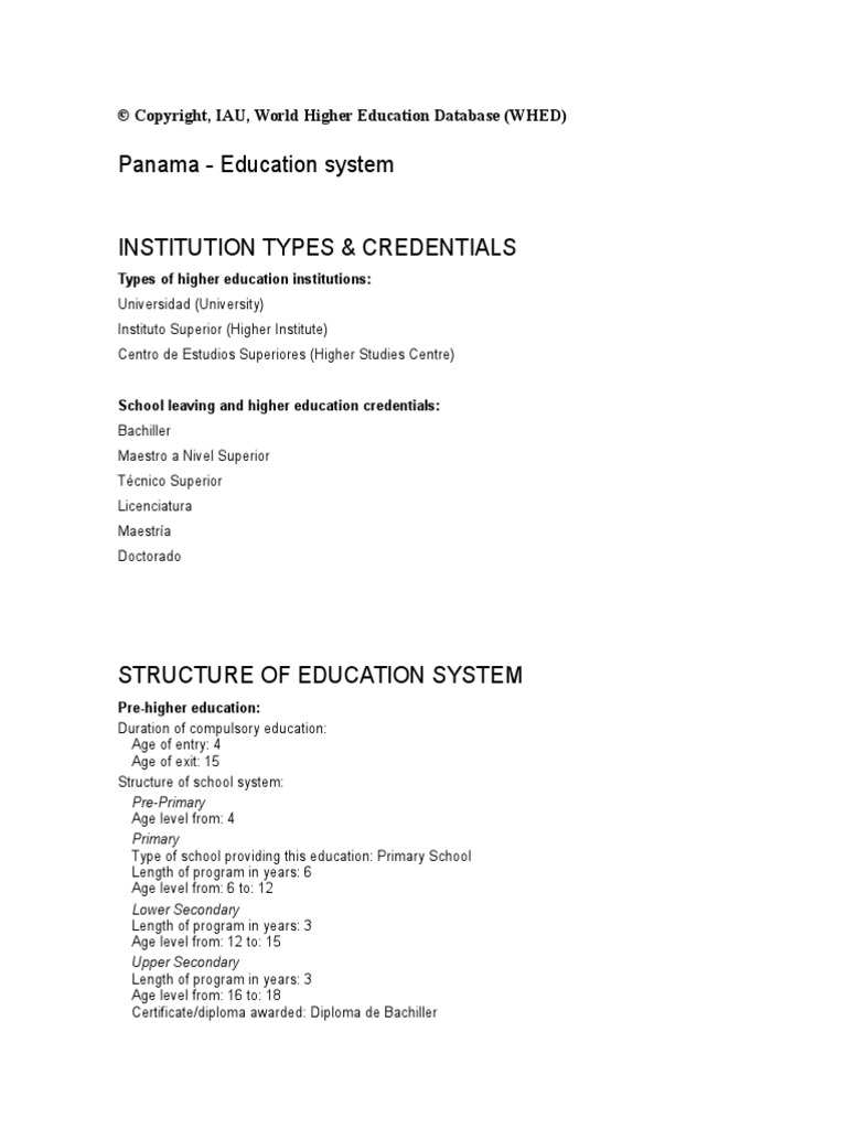 Panama - Education System: Types of Higher Education Institutions | PDF ...