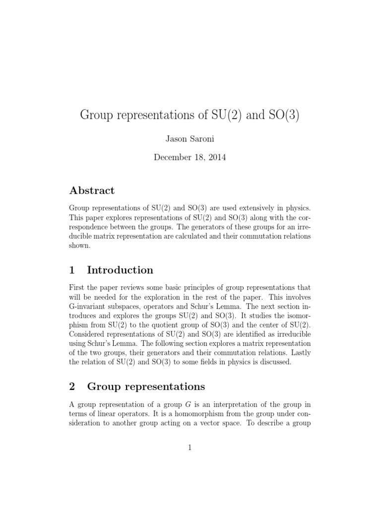 Group Representations of Su 2 and So 3 | PDF | Group Representation ...