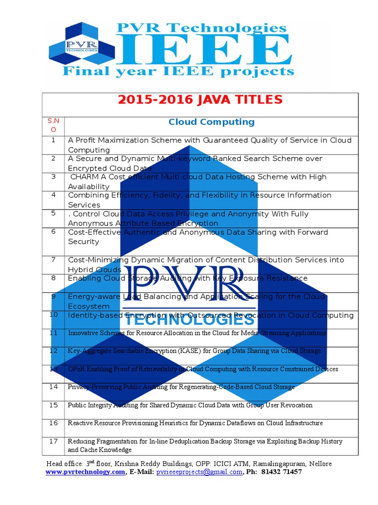 PVR Technologies 2015-16 Java Titles | PDF | Cloud Computing | Encryption