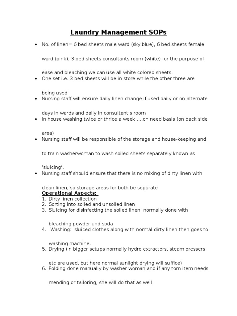 Laundry Management Sops: Operational Aspects | PDF