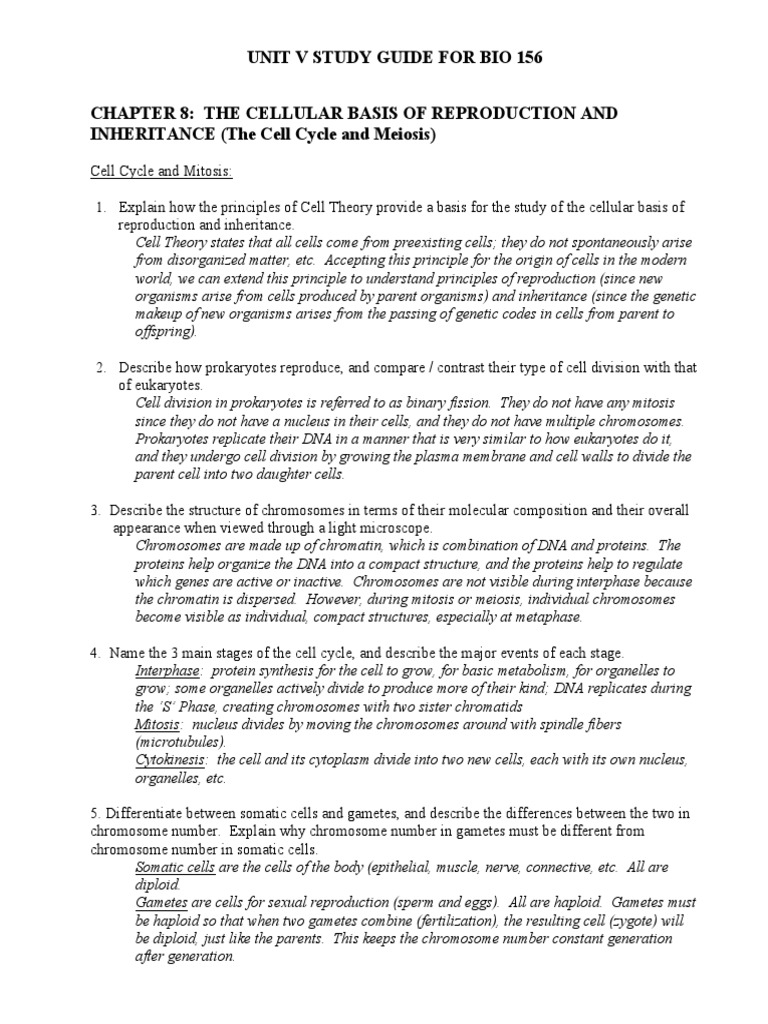 Unit V Study Guide For Bio 156 Chapter 8: The Cellular Basis of ...