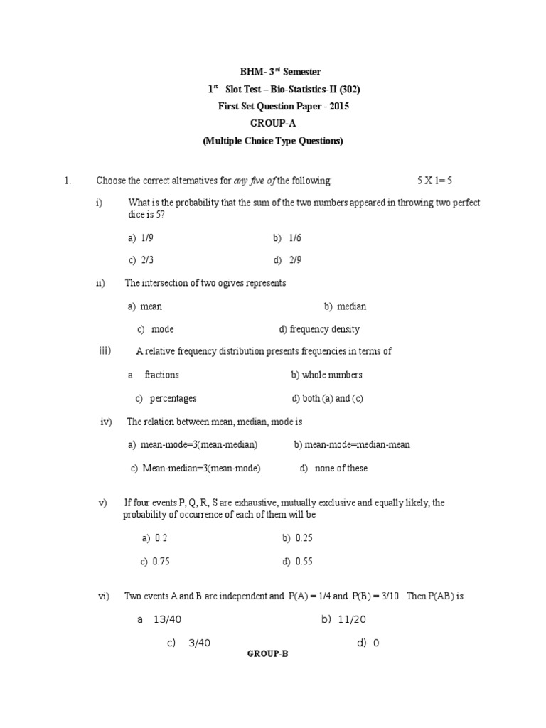 BHM-3 Semester 1 Slot Test - Bio-Statistics-II (302) First Set Question ...