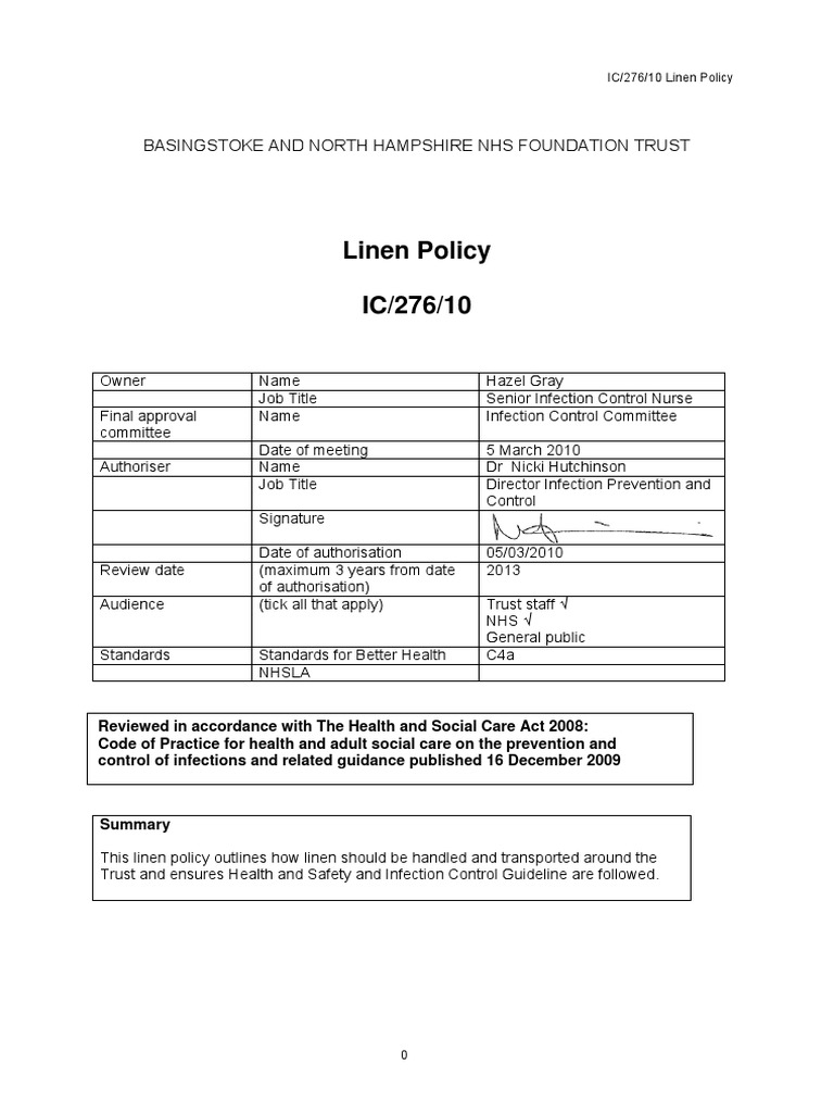 Linen Policy 0310 | PDF | Hygiene | Infection Control