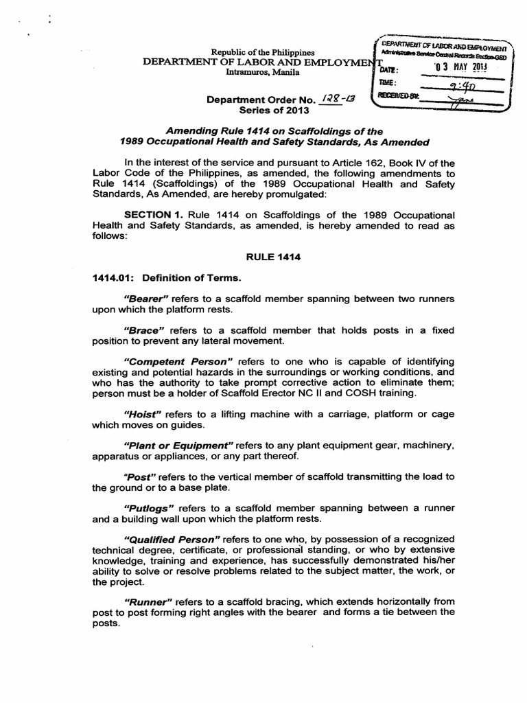 DO 128-13 S. 2013 Amending Rule 1414 On Scaffoldings of The 1989 OHS ...
