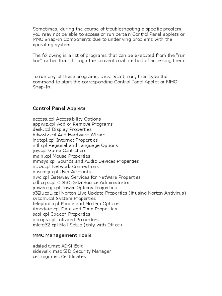 Commands To Open Control Panel Applets in Windows | PDF | Windows ...