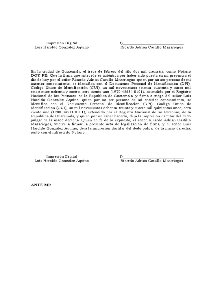 Acta de Legalización de Firma A Ruego | PDF