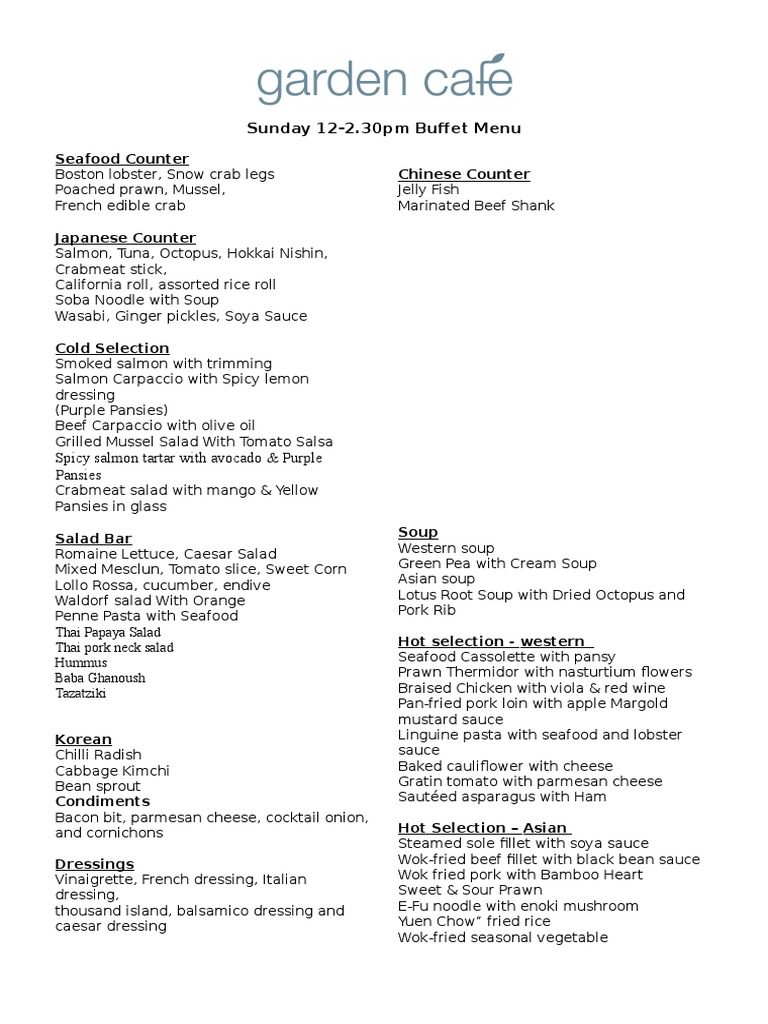 Garden Cafe Buffet Menu | PDF | Thai Cuisine | Salad