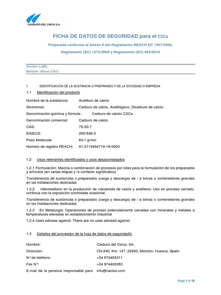 MSDS Calcium Carbide | PDF | Toxicidad | Calcio