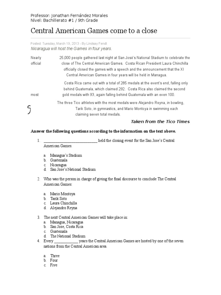 Reading Comprehension Practice | PDF | Costa Rica | Central America