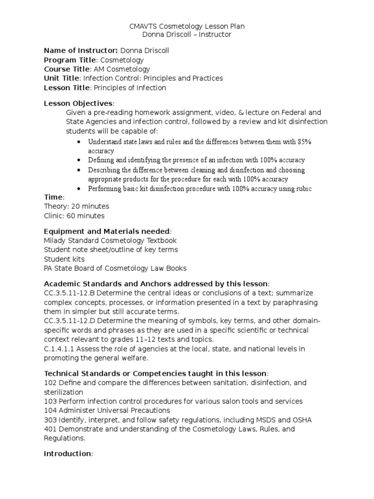 Infection Control Lesson Plan | PDF | Infection Control | Disinfectant