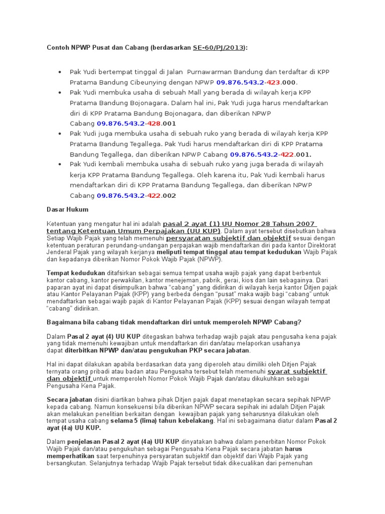 Contoh NPWP Pusat Dan Cabang | PDF