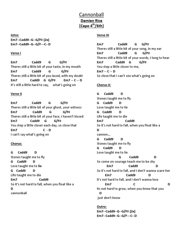 Cannonball: Damien Rice (Capo 4 /6th) | PDF | Refrain | Song Structure