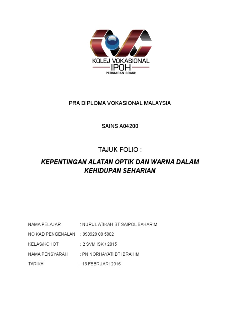 Contoh Muka Depan Folio Vokasional | PDF