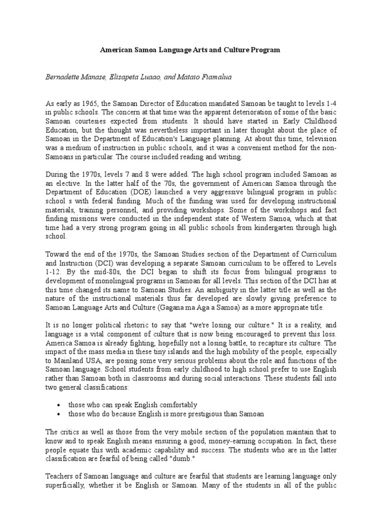 American Samoa Language Arts and Culture Program | PDF | Samoa ...