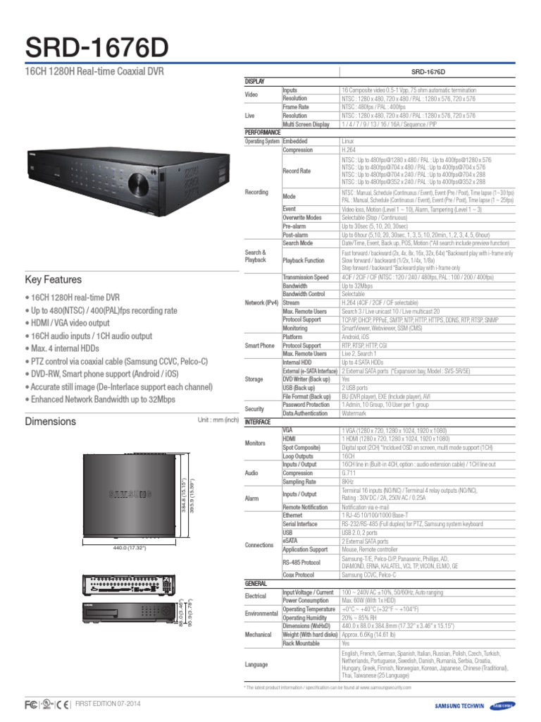 SRD 1676D Datasheet | PDF | Hdmi | Digital Video Recorder