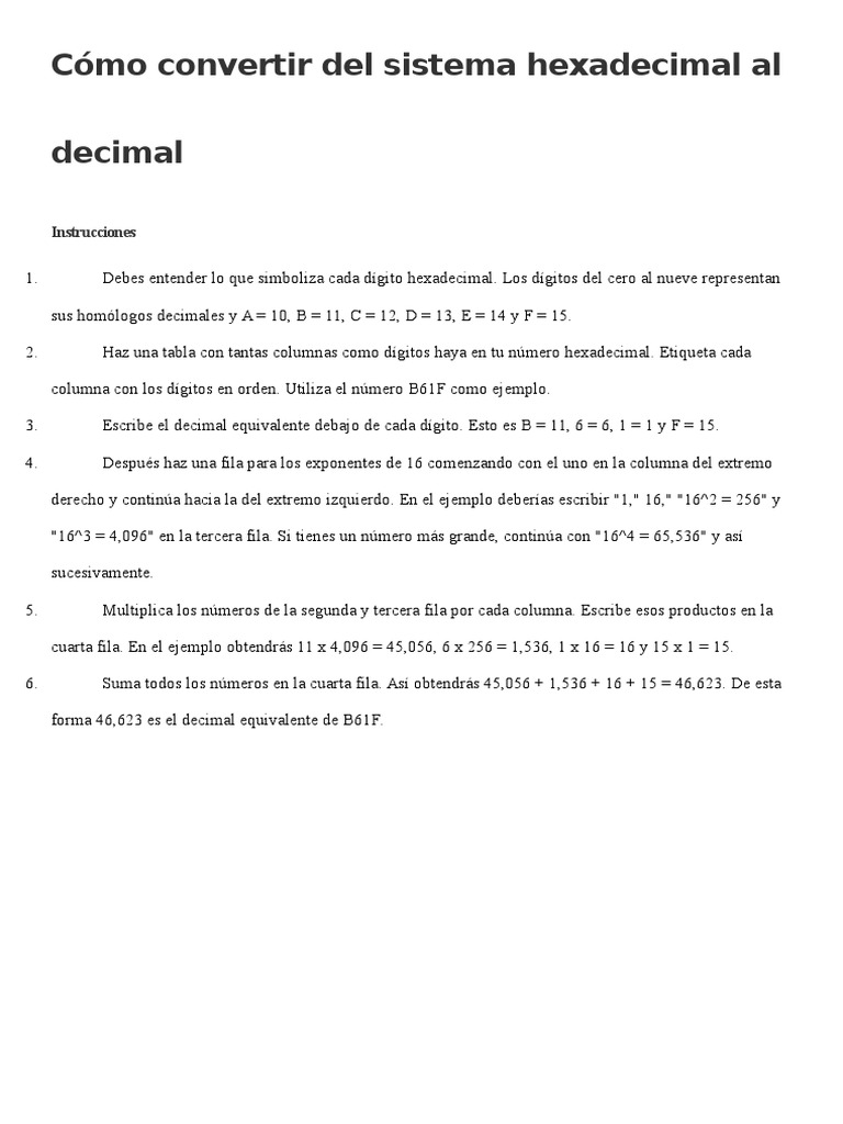 Cómo Convertir Del Sistema Hexadecimal Al Decimal | PDF