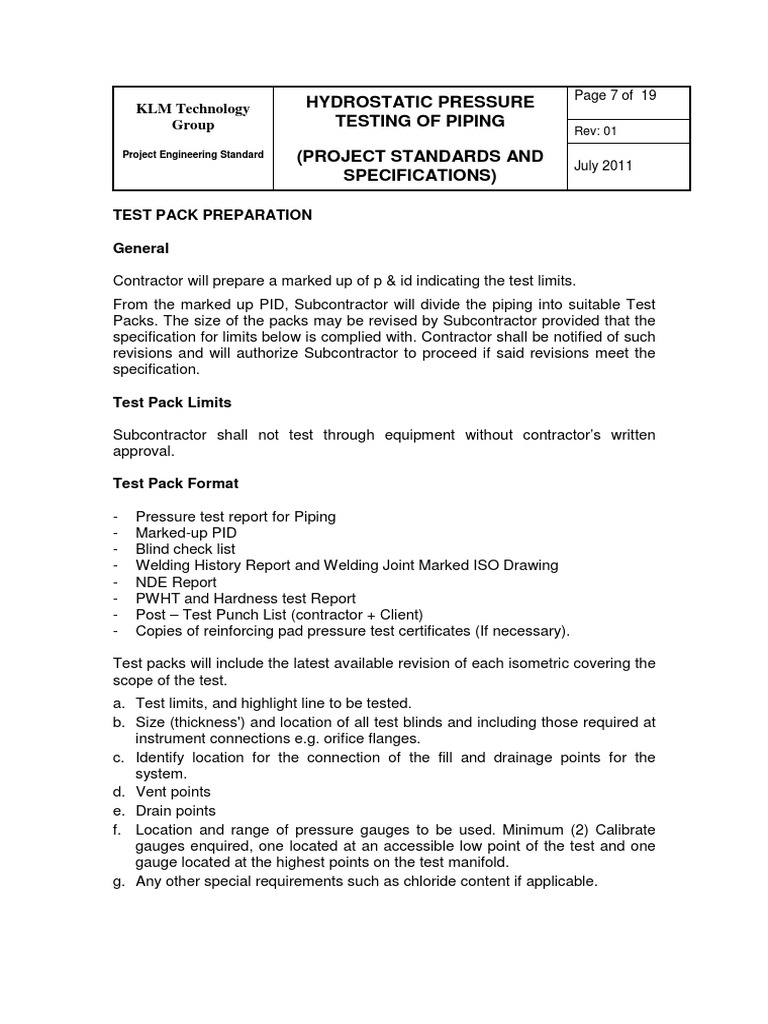 Hydrotest Test Packs | PDF