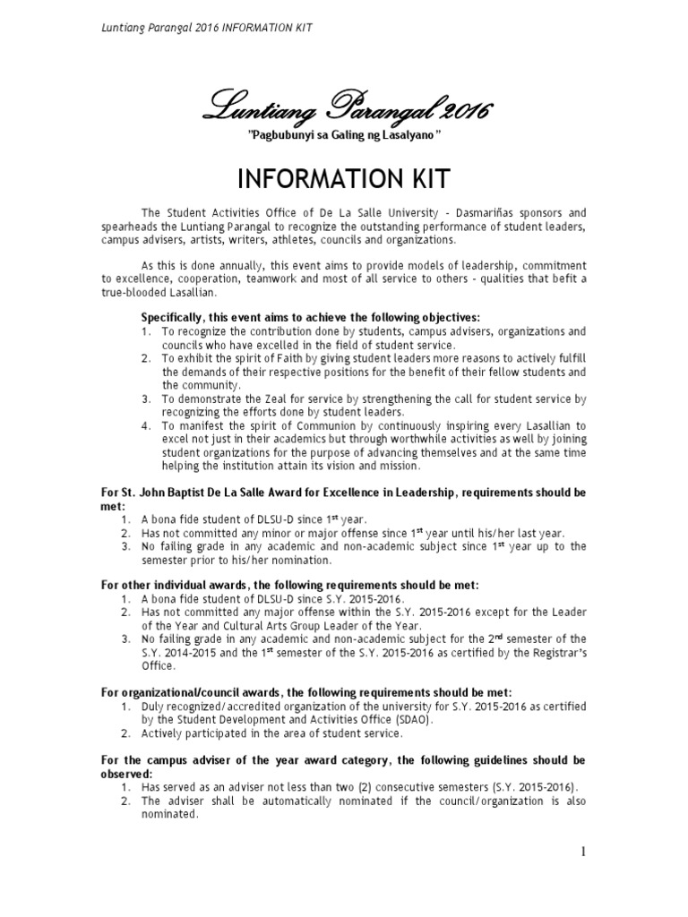 Luntiang Parangal 2016 Information Kit PDF | PDF | Fundraising | Leadership