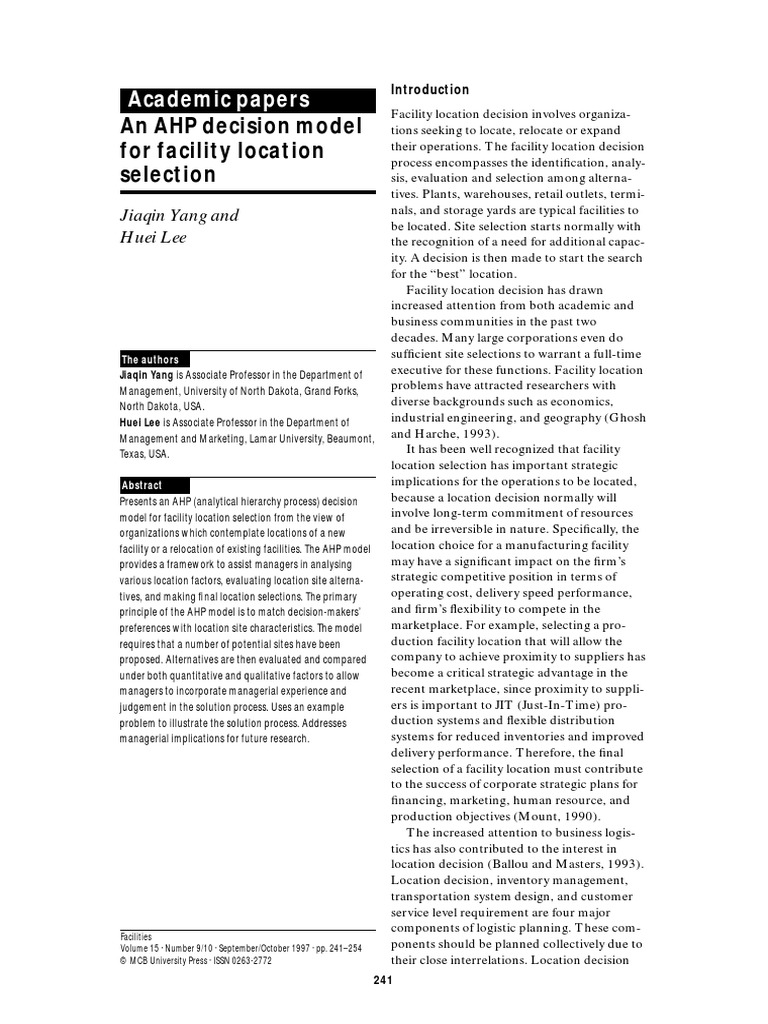 An Ahp Decision Model For Facility Location Selection Pdf Sensitivity Analysis Taxes