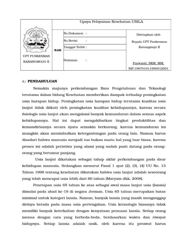 Kerangka Acuan Kerja (KAK) Pelayanan Kesehatan Usila | PDF