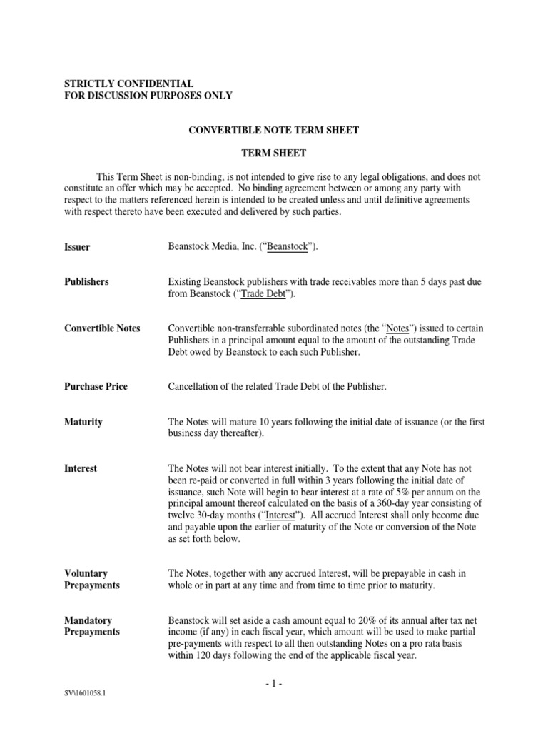 Beanstock - Publisher Convertible Note Term Sheet | PDF | Securities ...